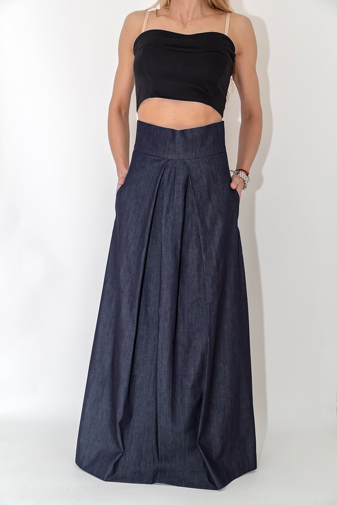 High Waist Denim Maxi Skirt: Pleated Long Skirt , Conceptbg - Etsy