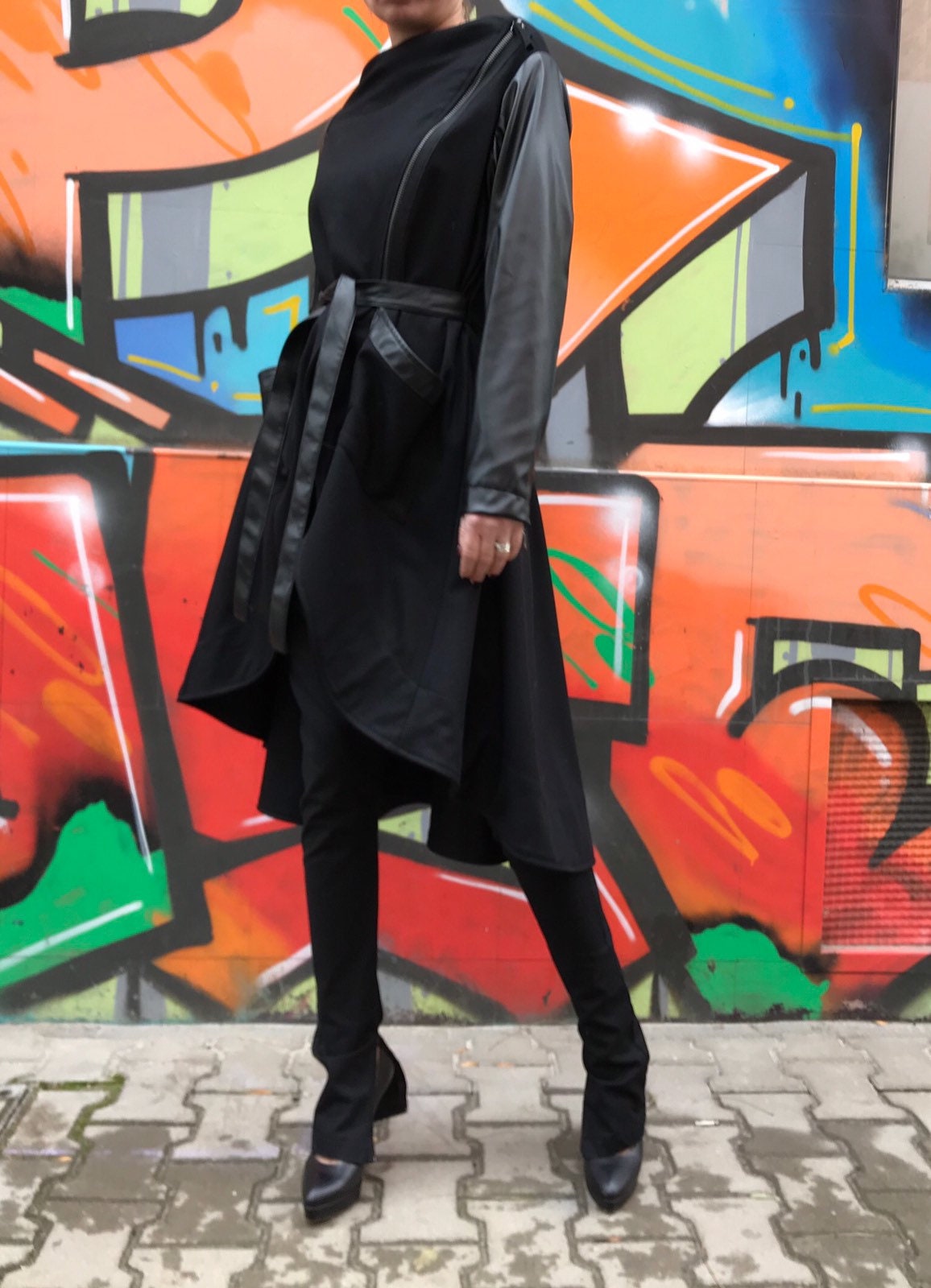 Belted Coat Asymmetric Women Coat Black Coat Wool Jacket | Etsy