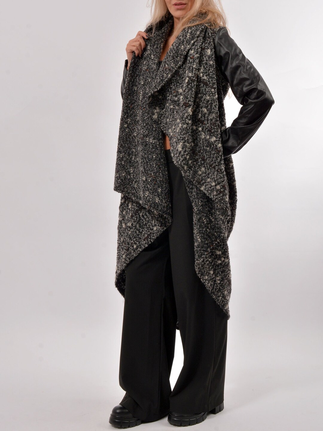 Handmade Wool Cardigan With Faux Leather Sleeves - Conceptbg - Etsy