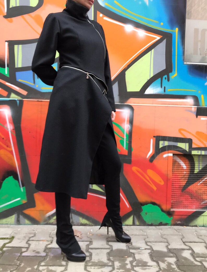 Asymmetric Women Coat Black Coat Wool Jacket Zipper Coat - Etsy