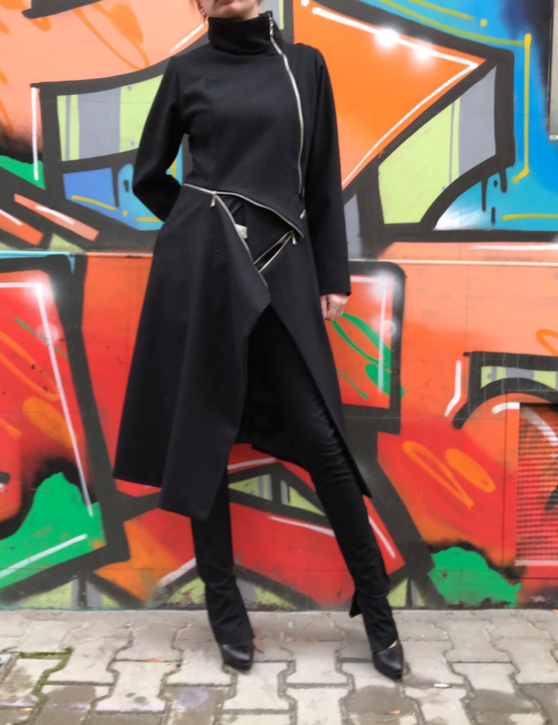 Asymmetric Women Coat Black Coat Wool Jacket Zipper Coat | Etsy