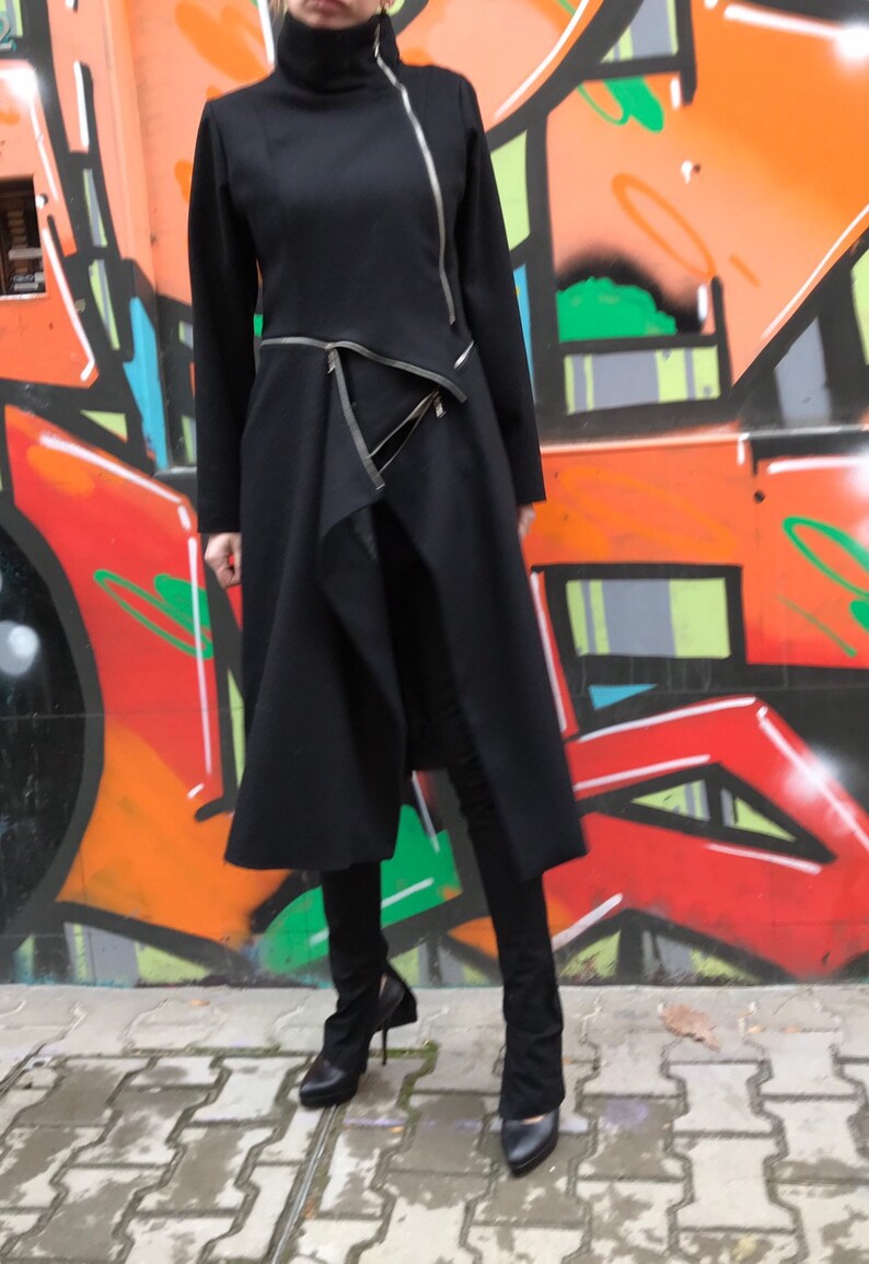Asymmetric Women Coat Black Coat Wool Jacket Zipper Coat - Etsy