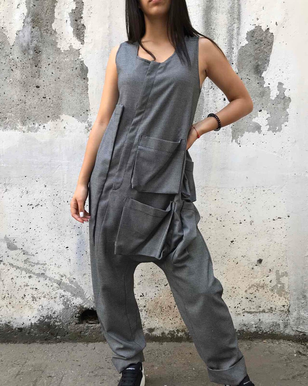 Gray Cool Wool and Cotton Jumpsuit, Extravagant Drop Crotch Jumpsuit ...