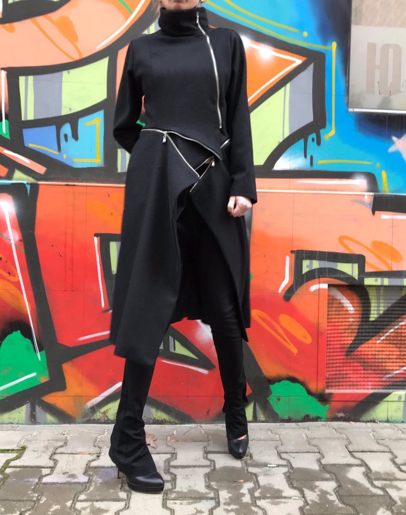 Asymmetric Women Coat Black Coat Wool Jacket Zipper Coat | Etsy