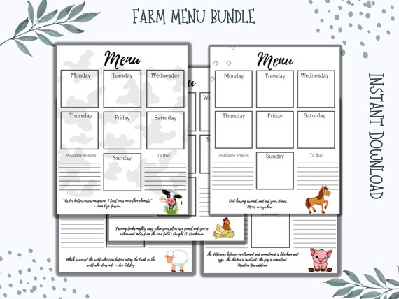 Farm Animal Menu Themed Weekly Menu Planner Farm Life | Etsy