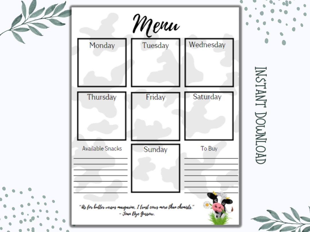 Cow Themed Weekly Menu Planner - Farm Life, Farmhouse, Family Menu ...