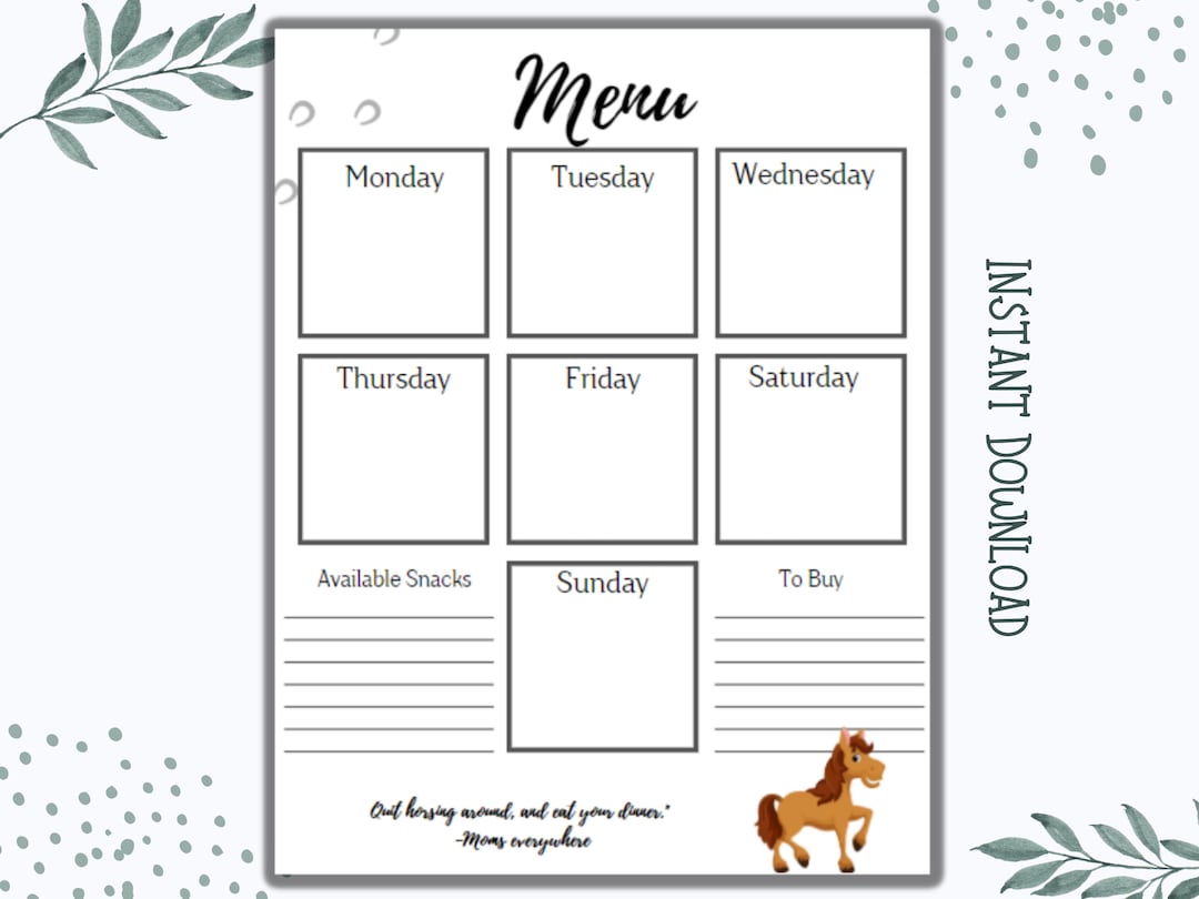 Horse Themed Weekly Menu Planner Farm Life, Farmhouse, Family Menu ...