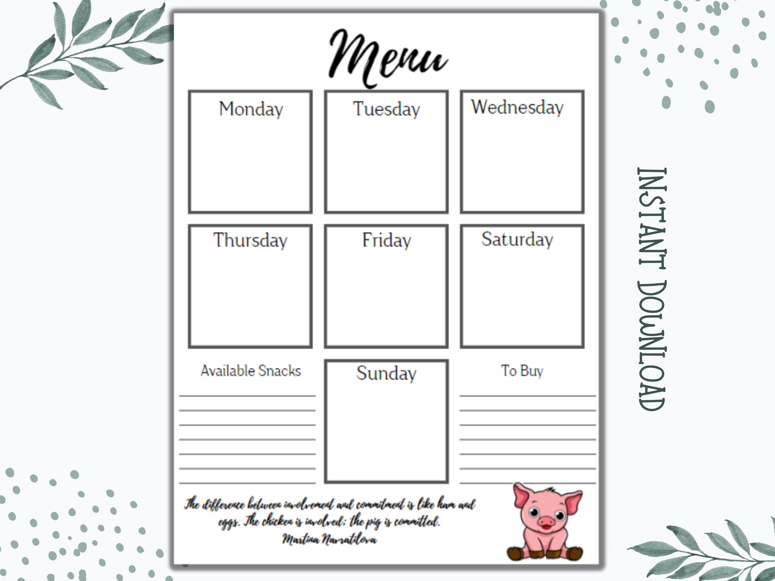 Farm Animal Menu Themed Weekly Menu Planner Farm Life, Farmhouse ...