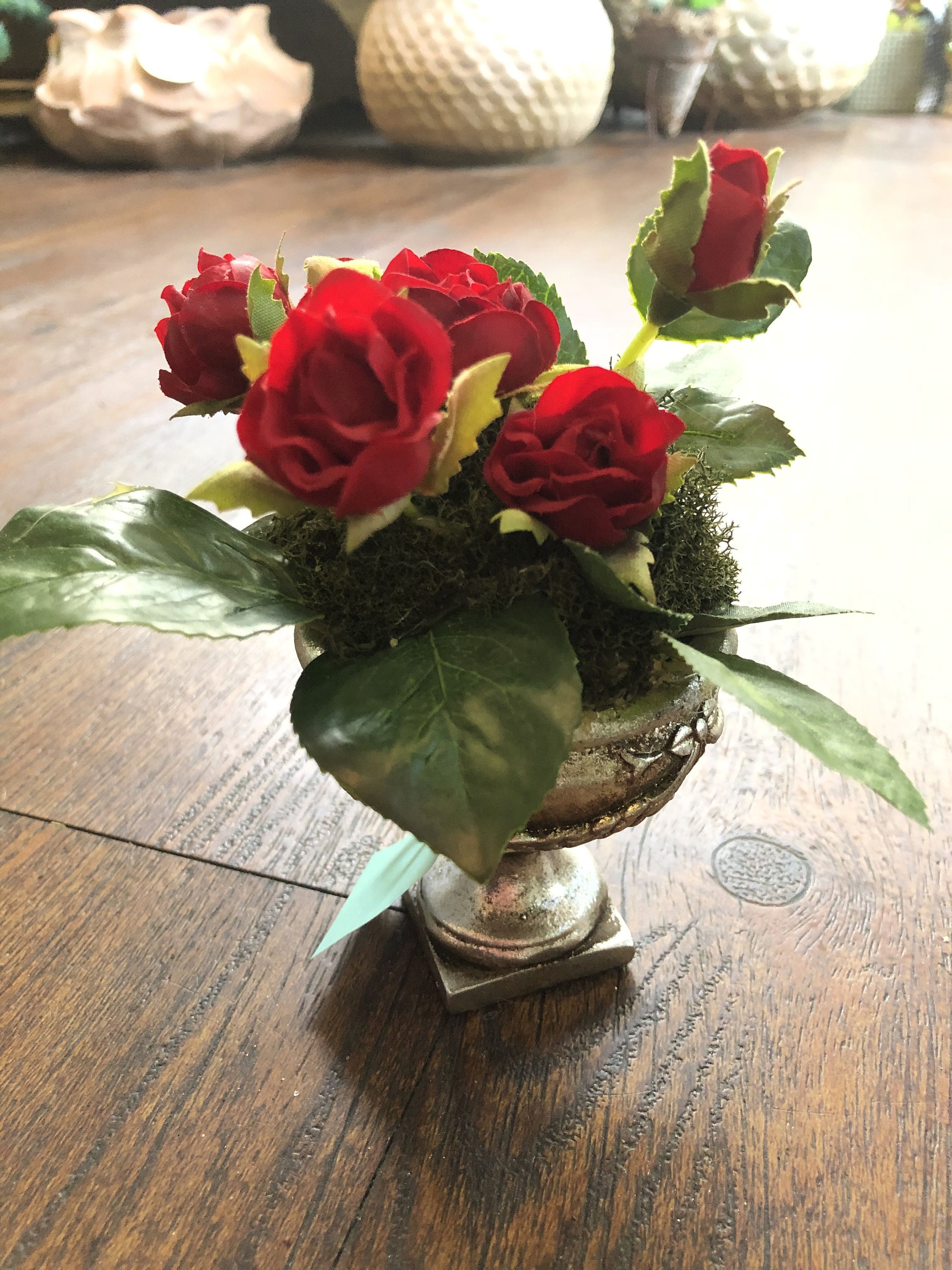 Red Roses in Short Silver Vase | Etsy