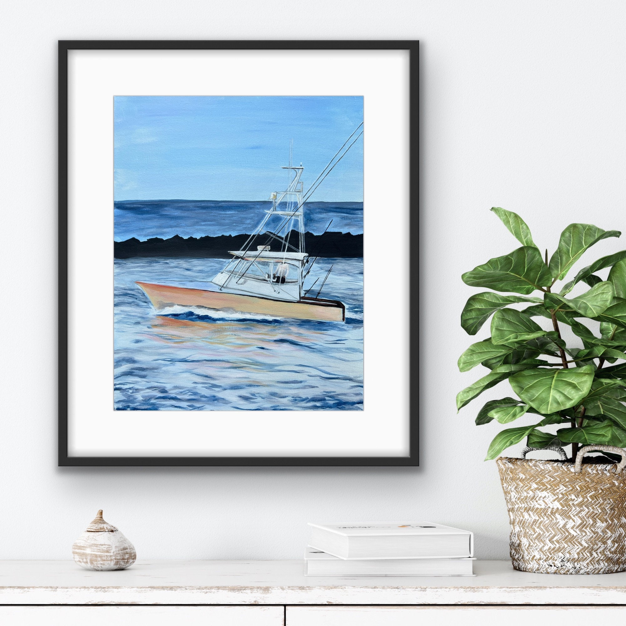 Boat Print, Boat Painting, Boat Gift, Blue Print, Ocean Print, Fishing ...
