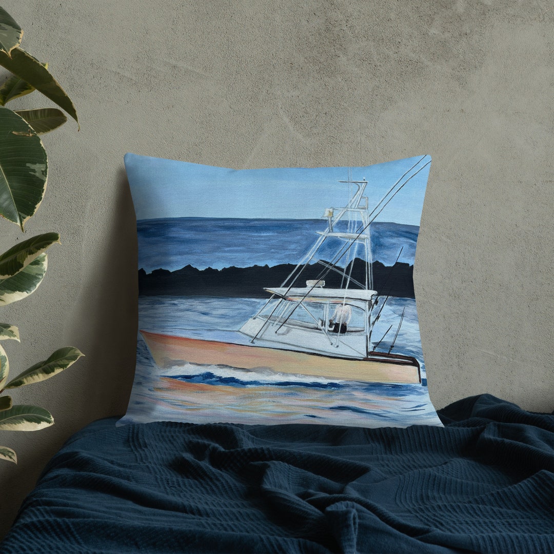Boat Pillow, Beach Pillow, Boat Painting, Boat Gift, Blue Pillow, Ocean ...