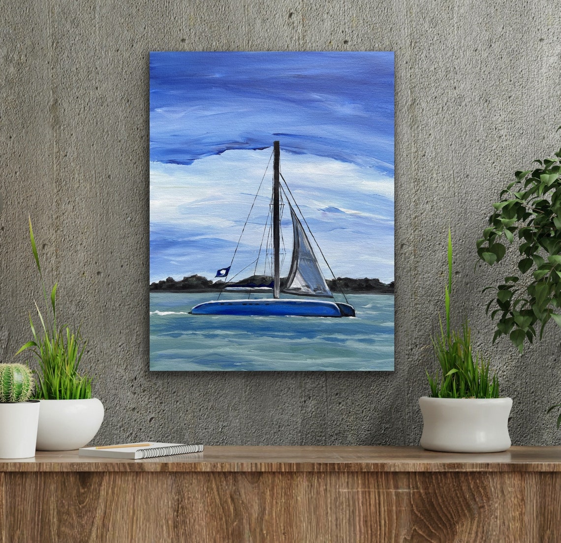 Boat Painting, Boat Painting on Canvas, Boat Painting Original, Blue ...