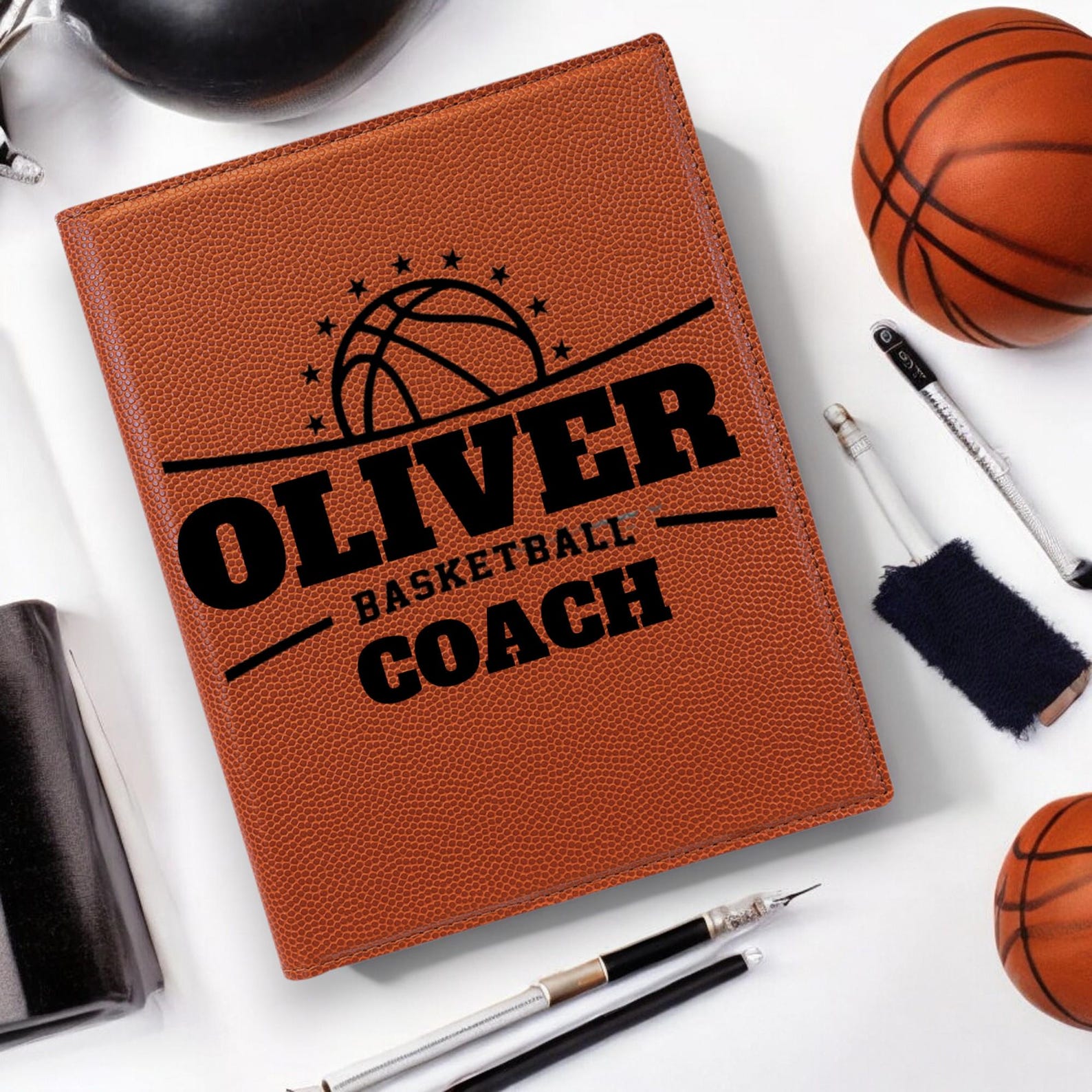 Basketball 7 X 9" Leather Portfolio, Custom Basketball Leather Notebook ...