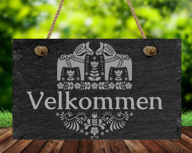 VALKOMMEN Velkommen Door Sign, Scandinavian Slate Door Hanger, WELCOME ...