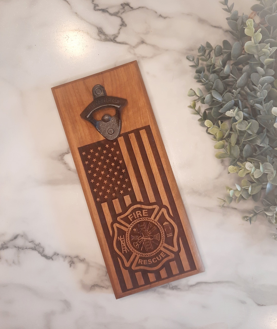 Firefighter Bottle Opener, Oak or Cherry Wall Mount, Bar Accessories ...
