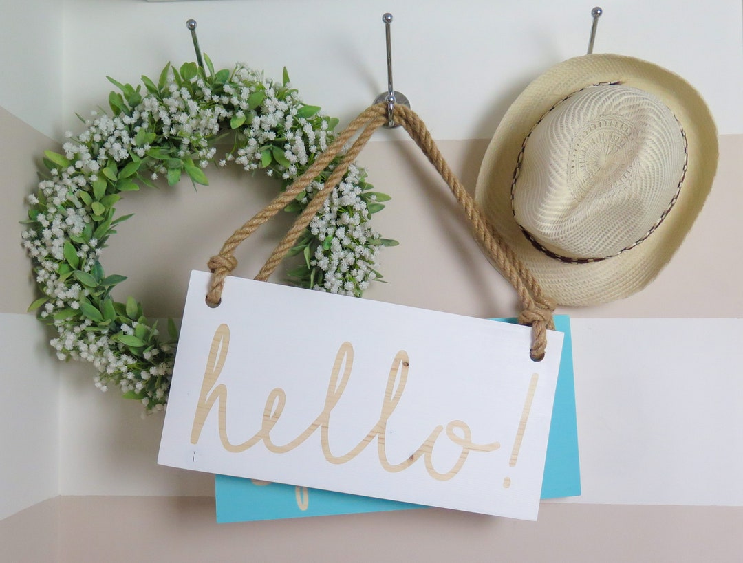 16x8 Hello Sign With Your Text White Wooden Sign With Jute Rope ...