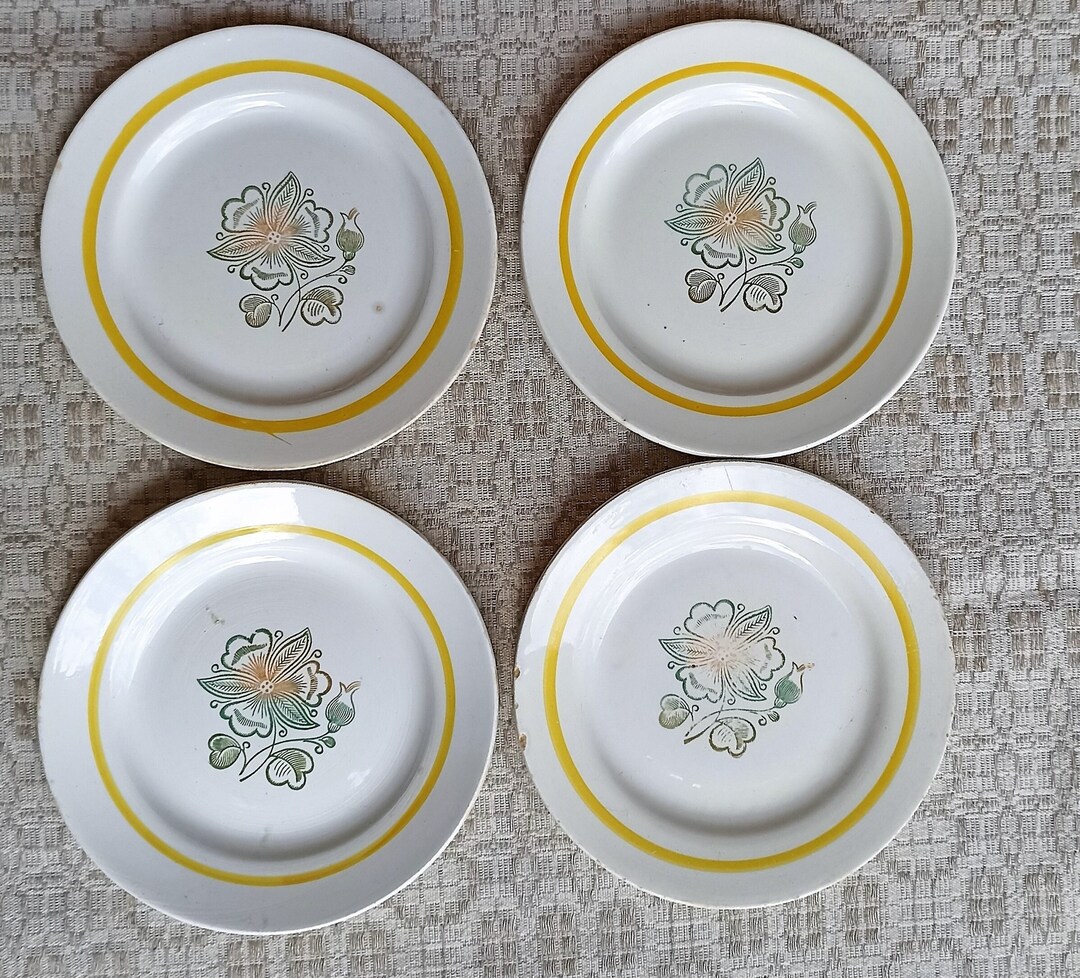 Soviet Vintage 4 Cake Plates Set With Flowers and Yellow Rim, Vintage ...