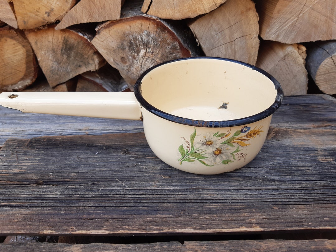 Vintage Small Shabby Beige Enameled Cooking Pot With Flowers and Handle ...