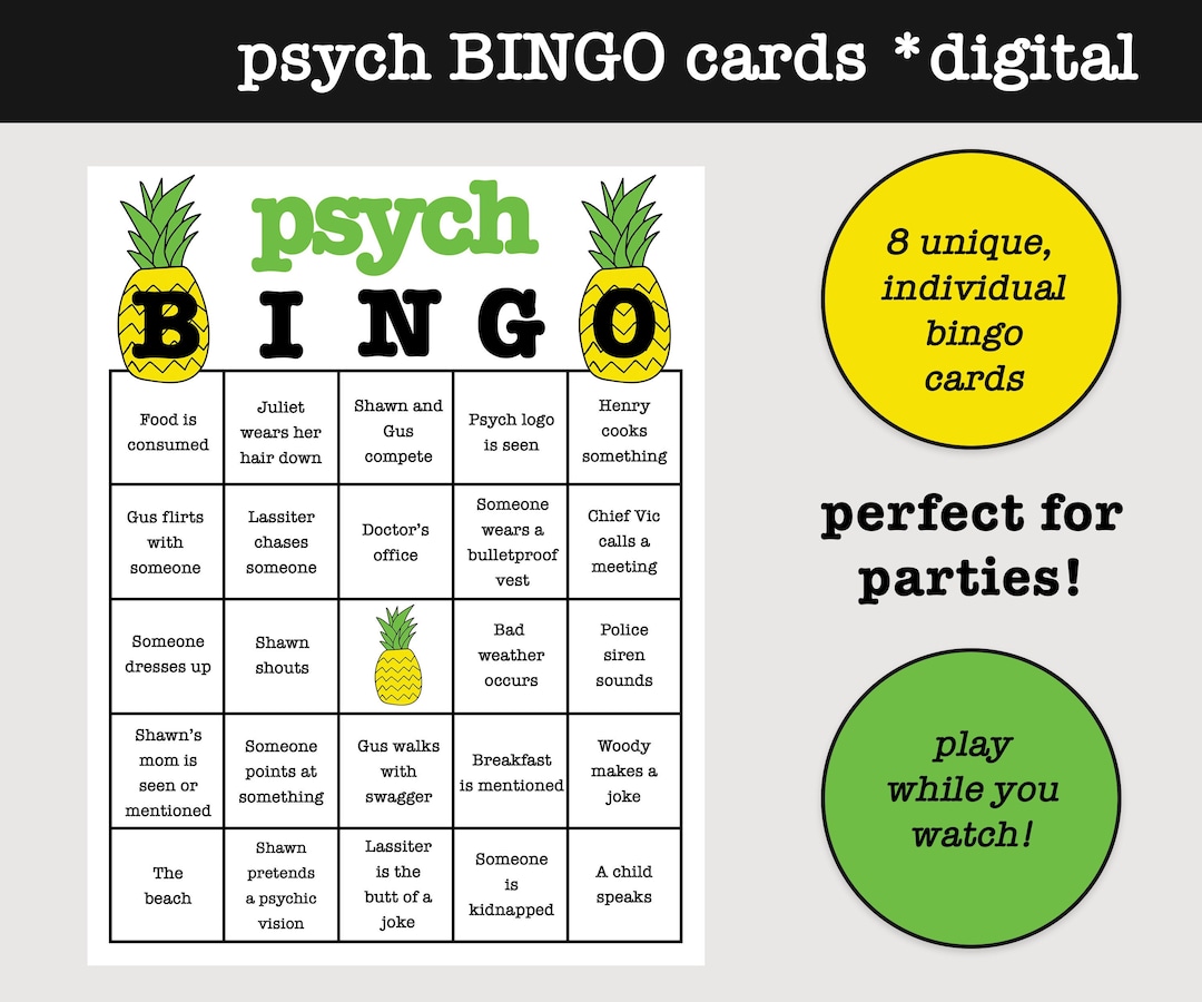 DIGITAL Psych TV Show Bingo (set of 8) Printable Instant Download ...