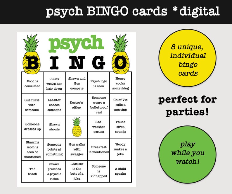 DIGITAL Psych TV Show Bingo (set of 8) Printable Instant Download ...