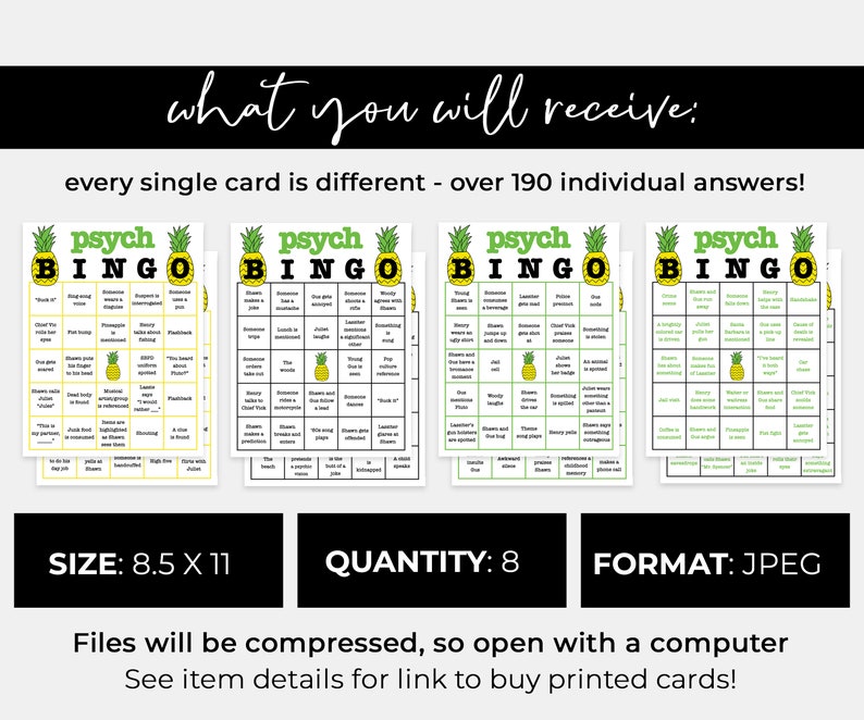 DIGITAL Psych TV Show Bingo (set of 8) Printable Instant Download ...