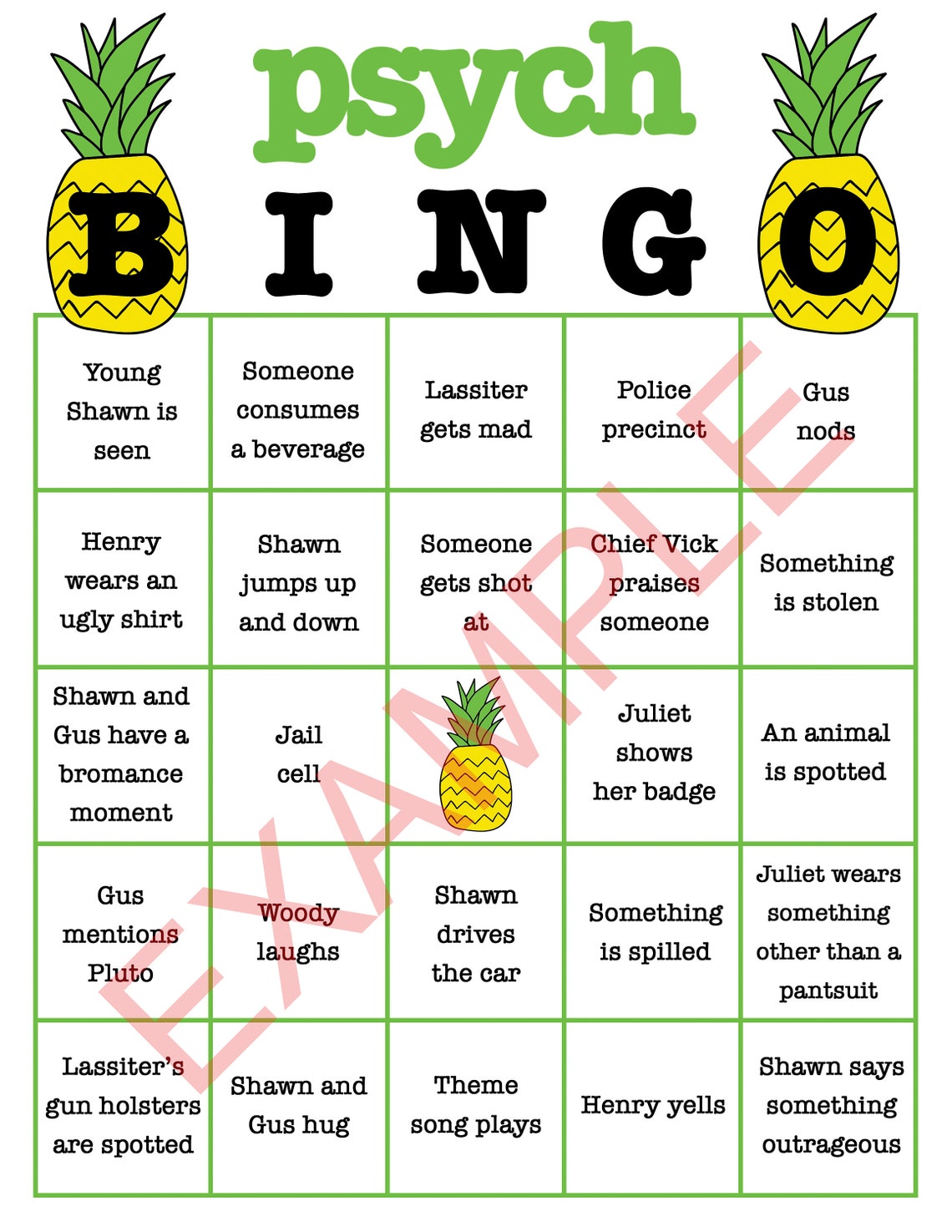 DIGITAL Psych TV Show Bingo (set of 8) Printable Instant Download ...
