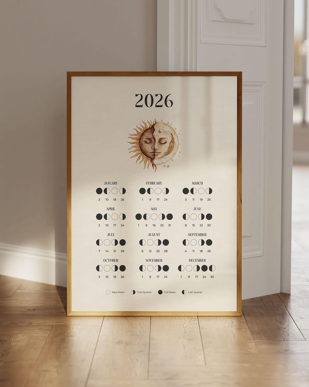Moon Calendar 2026 English, Printable Calendar 2026, Moon Phases Wall ...