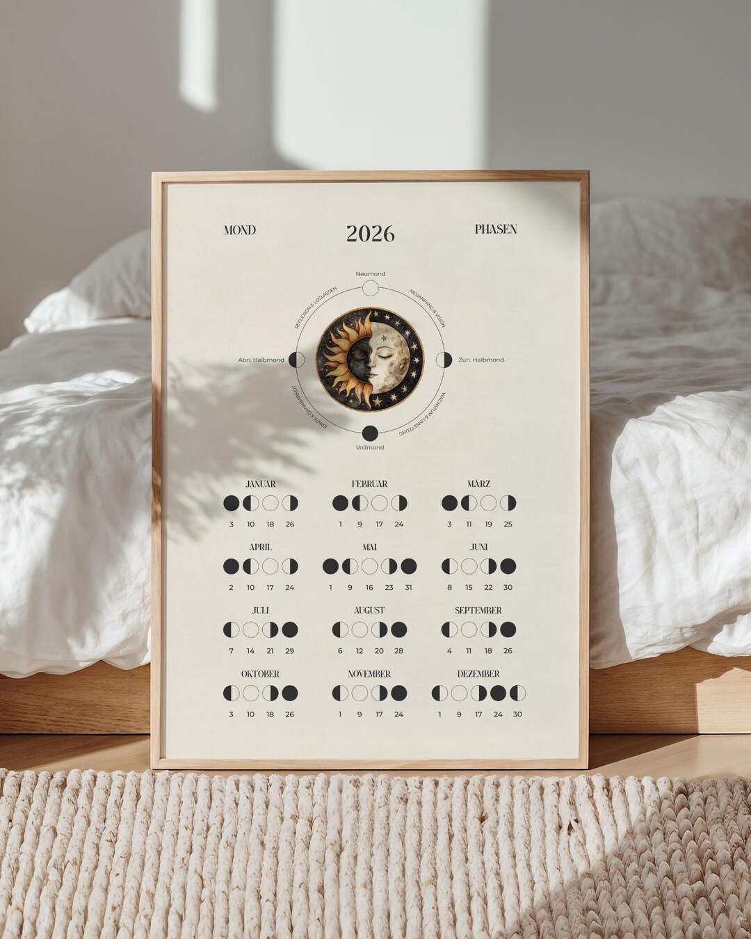 Moon Calendar 2026 German, Moon Phases 2026 Calendar Poster, Moon ...