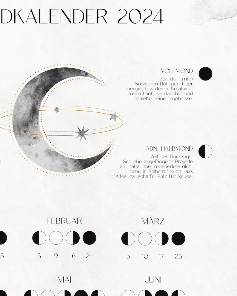 Mondkalender 2024 Druckbarer Kalender Mondphasen Poster Mond - Etsy.de
