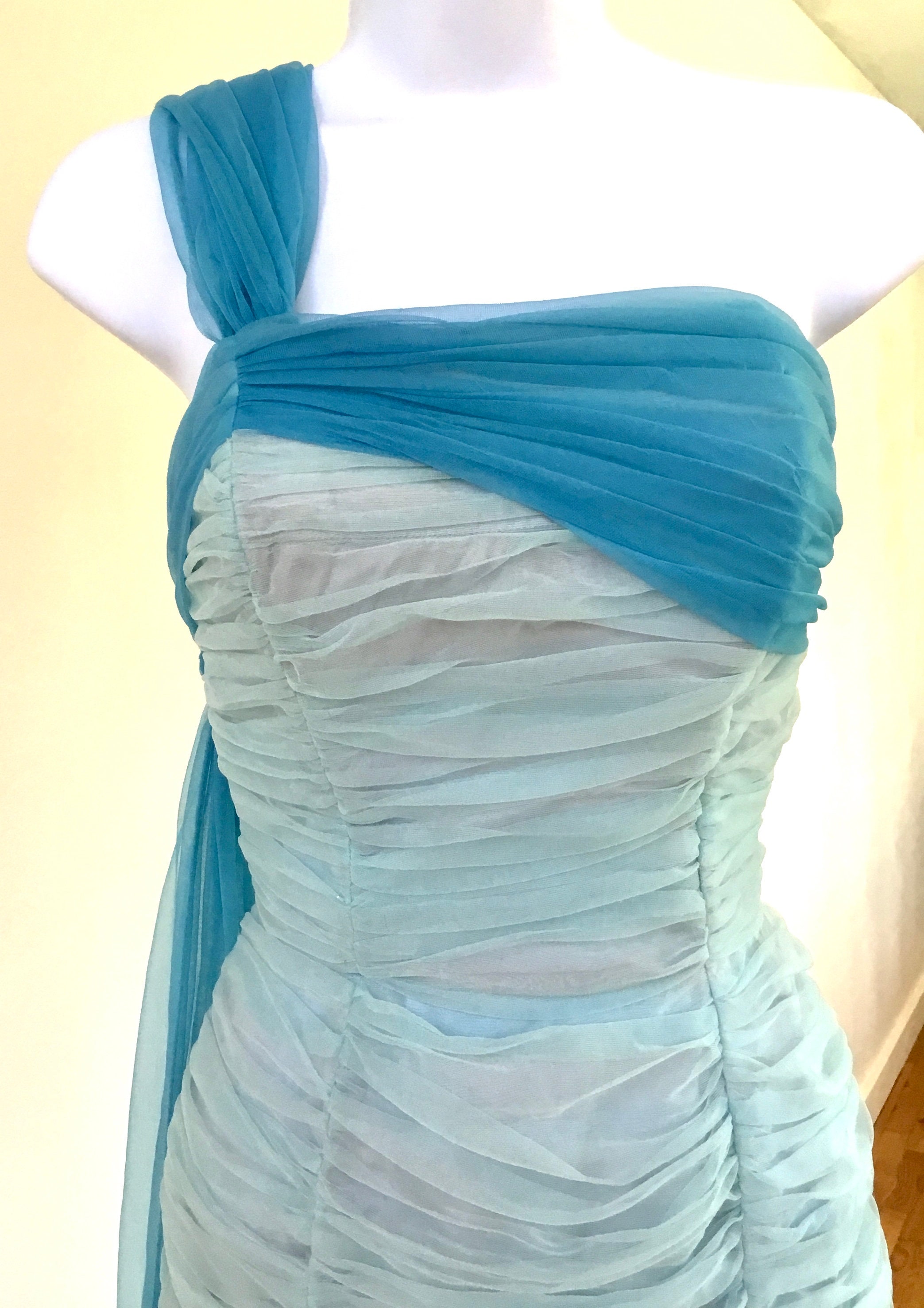 50s Strapless Mermaid Wiggle Gown. Ruched, Tulle, Shoulder Sash, S/XS ...