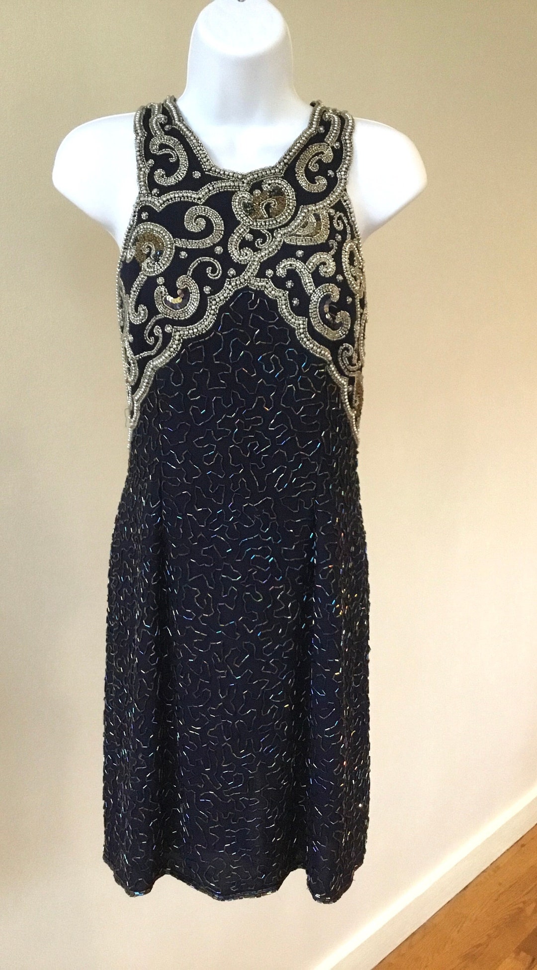90s Dark Blue Beaded Silk Laurence Kazar Halter Glam Short Dress. Large ...