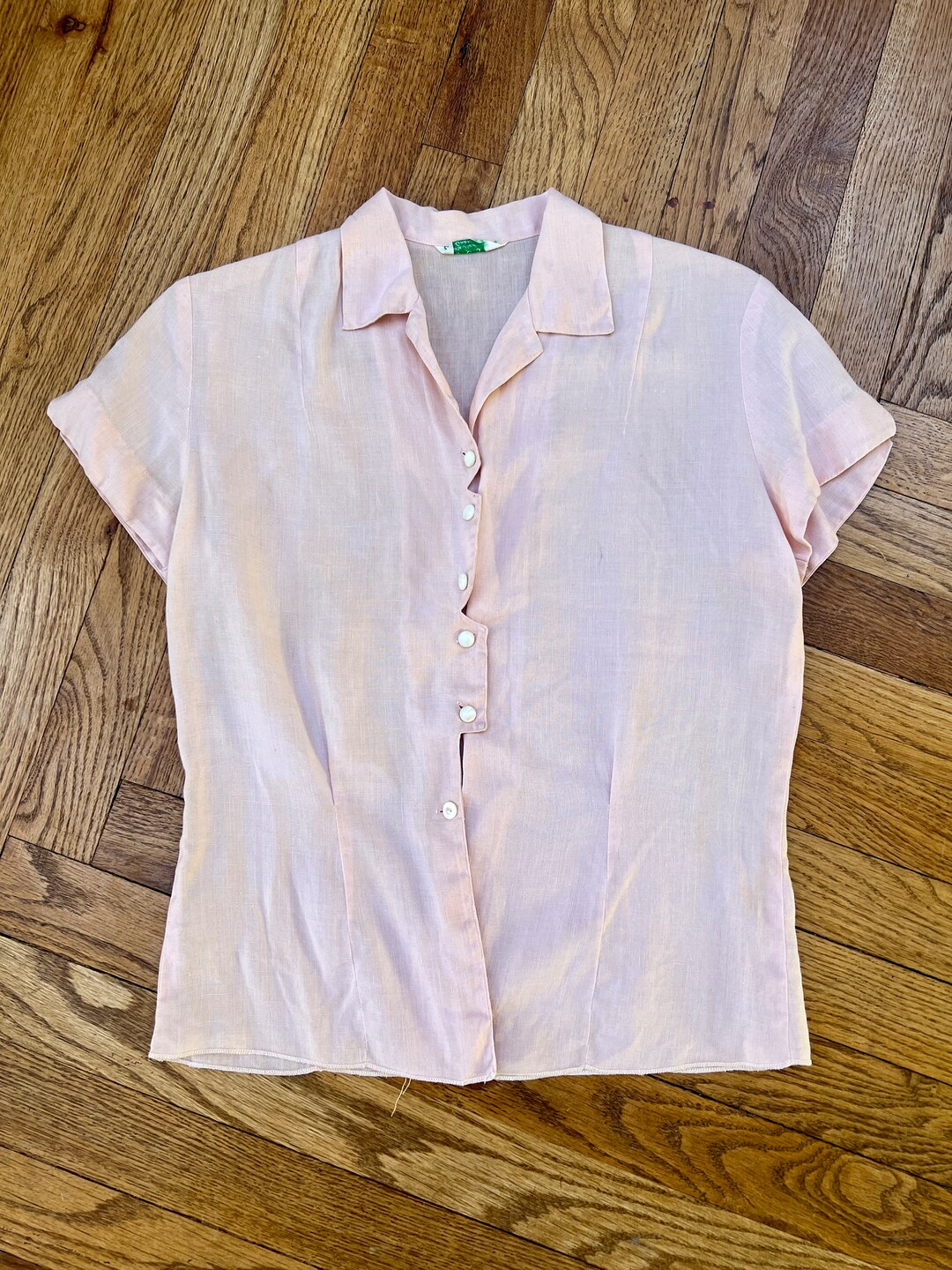 VTG 50s 60s Ship N Shore Baby Pink Linen Blouse, Short Sleeve, Button ...