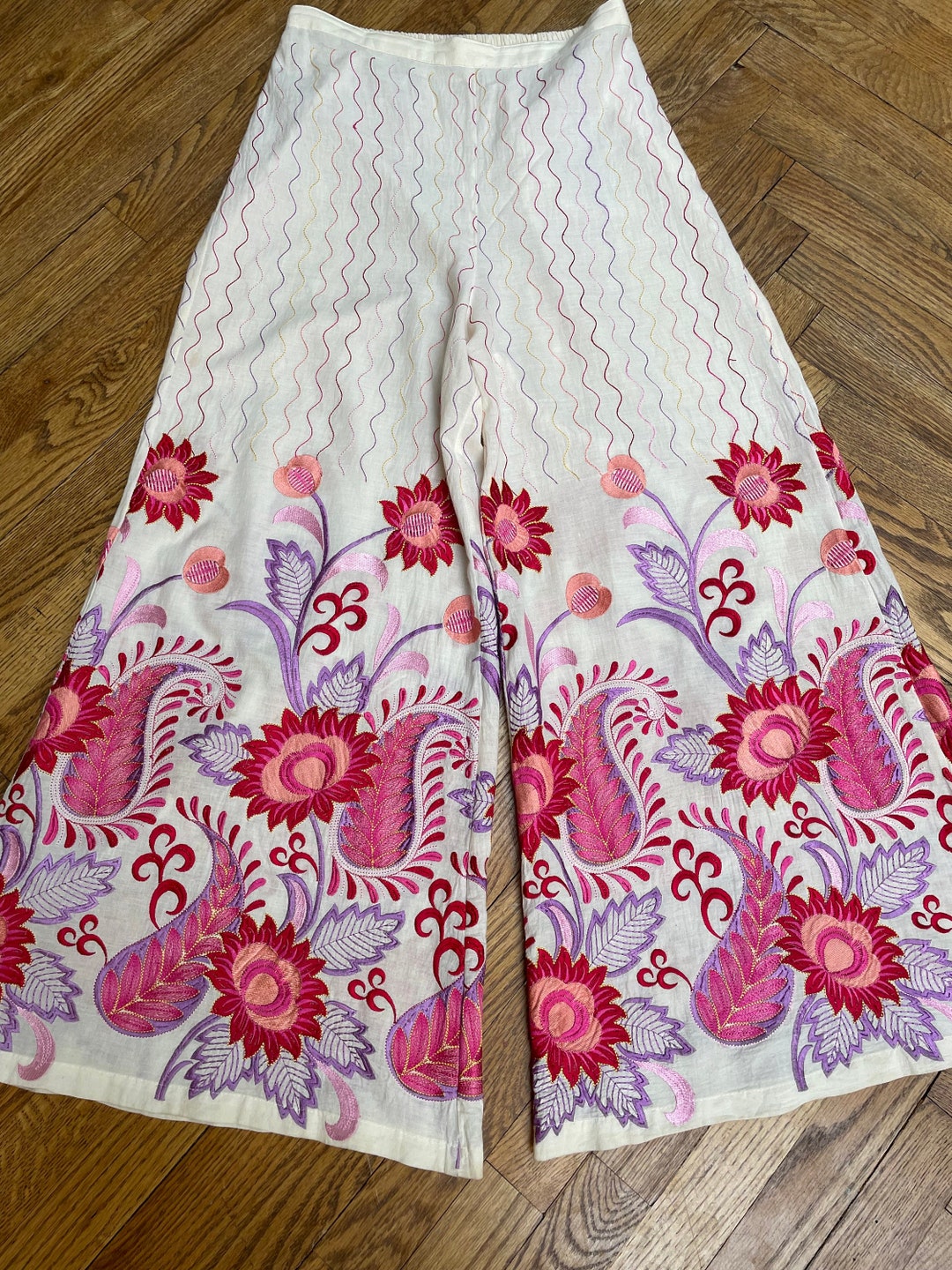Vtg Wide Leg Floral Embroidered Pants - Etsy