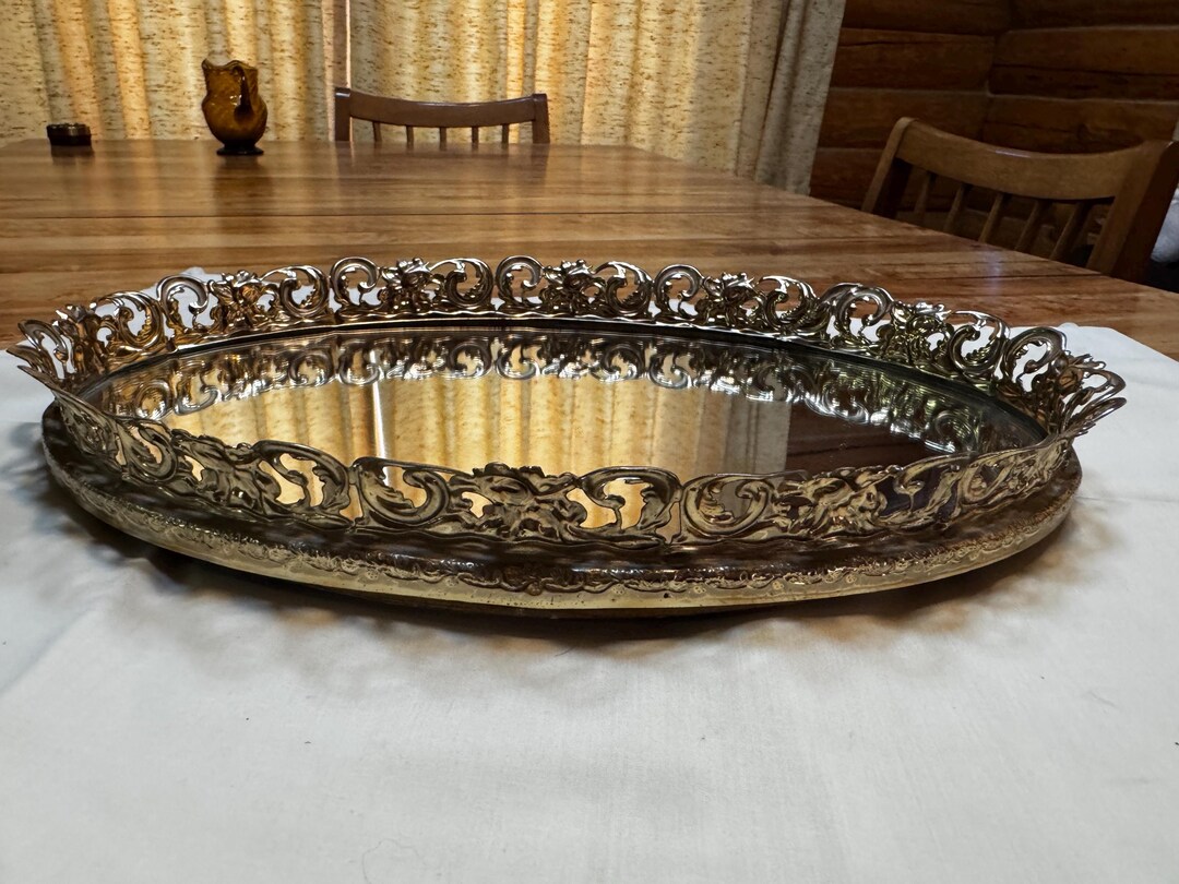 Vintage Ornate Brass and Mirrored Vanity Tray Large Filagree Oval ...