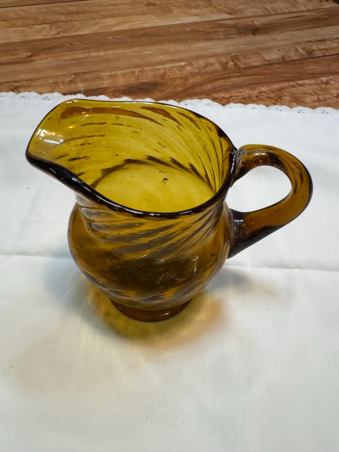 Vintage Hand Blown Amber Glass Pitcher Twisted Body Bubbles Inside ...