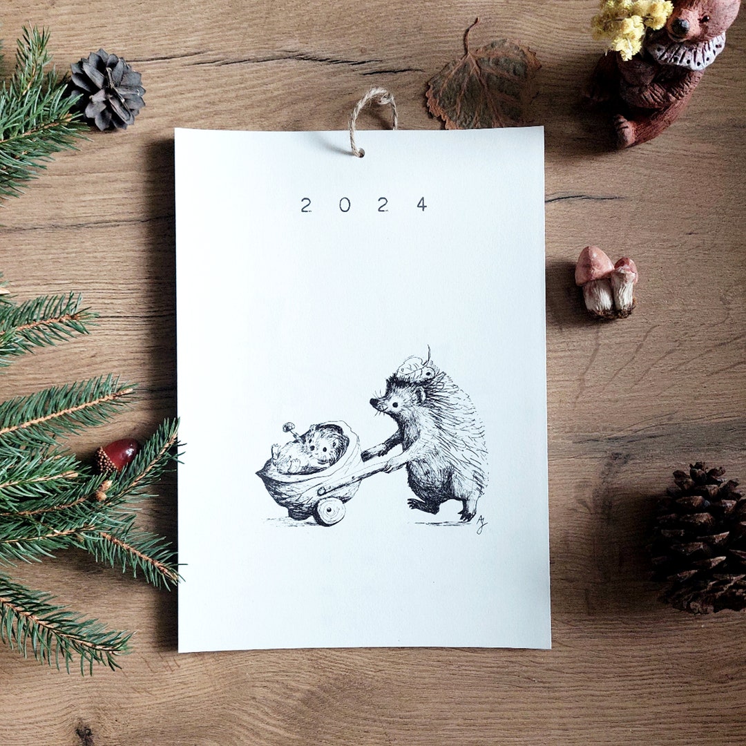 2024 Calendar Animal Themed, Black and White A4 Wall Calendar, Ink ...