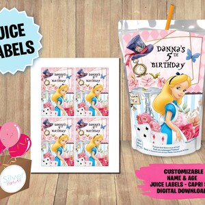 Labels for Alice in Wonderland Party Pack - Chip Bag, Juice, Favor Bag ...