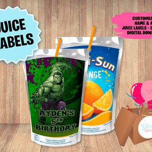 Labels for Hulk Party Pack - Chip Bag - Favor Bag - Juice - Lollipop ...