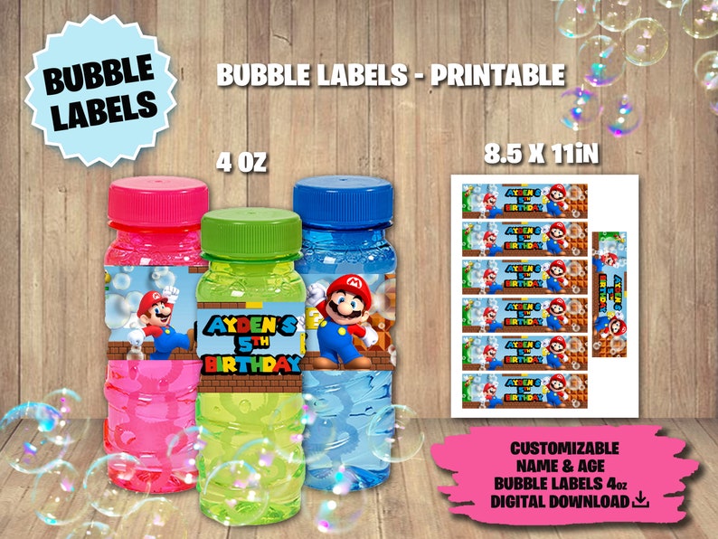 Mario Bros Bubble Bottle Labels Mario Bros Birthday Party - Etsy