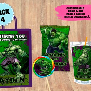 Labels for Hulk Party Pack - Chip Bag - Favor Bag - Juice - Lollipop ...