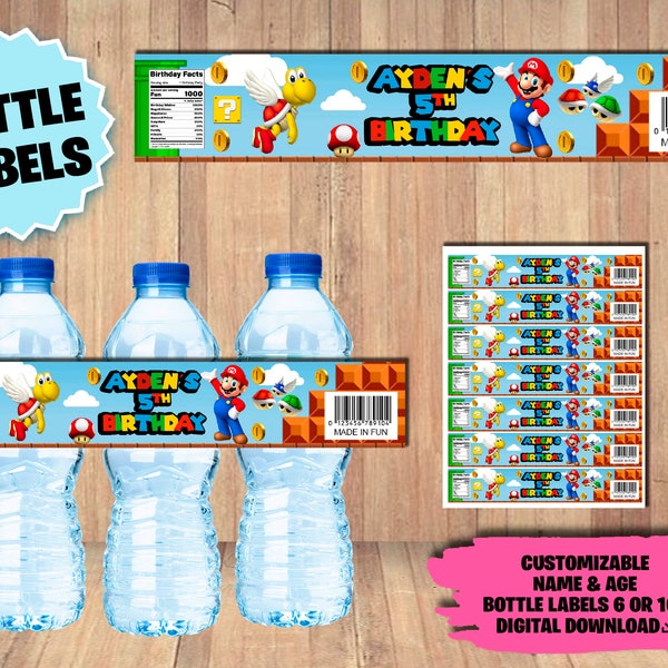Mario Birthday Water Bottle Label - Etsy