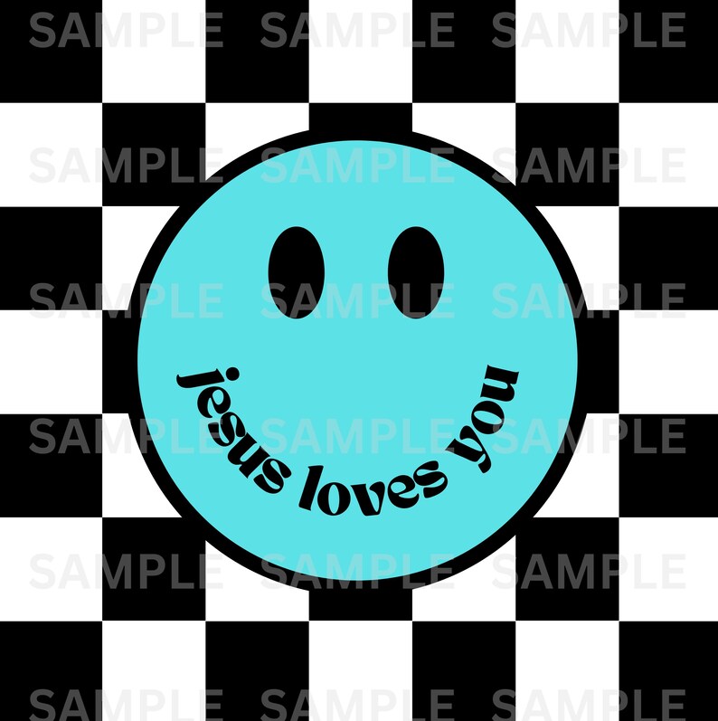 Jesus Loves You PNG | Blue Smiley Face With Checkered Background ...