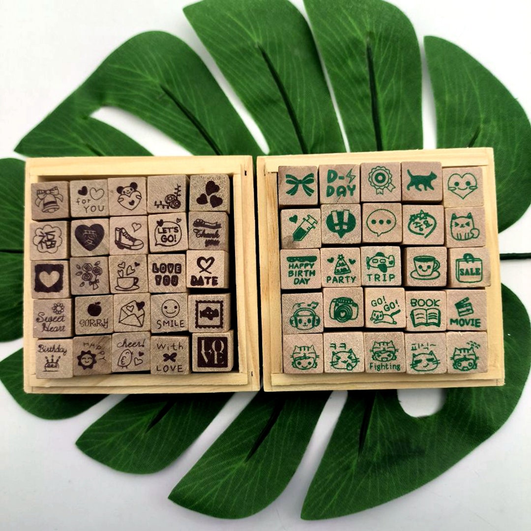 2 Boxes 50pcs Diary Stamp Set With Wooden Box, Planner Journal Stamp ...