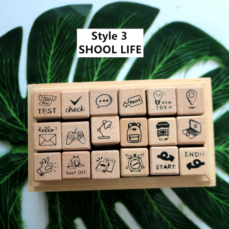 Decorative Rubber Stamp Set With Wood Box - 18 Pcs Journal Planner ...