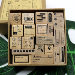 Journal Stamp Set of 19pcs Emoji Weather Week Check List Clock in Wood ...