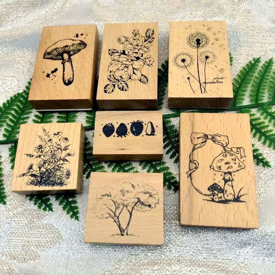 Pretty Wood Rubbe Stamp Daisy Dandelion Camellia Mushroom Strawberry ...