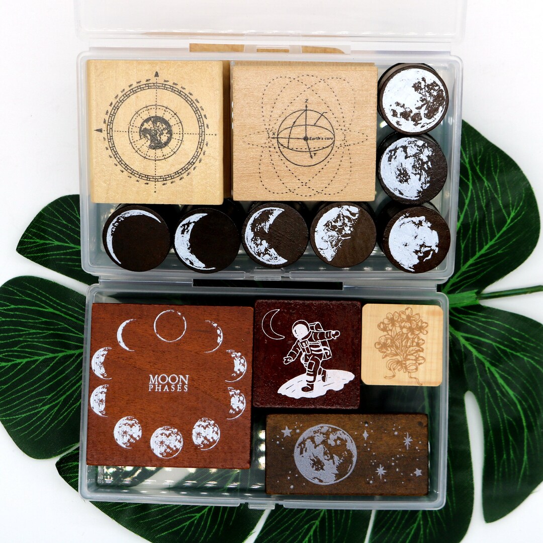 Art Journal Stamp Set, Forest Leaves Moon Stars Wood Rubber Stamp Kit 8 ...