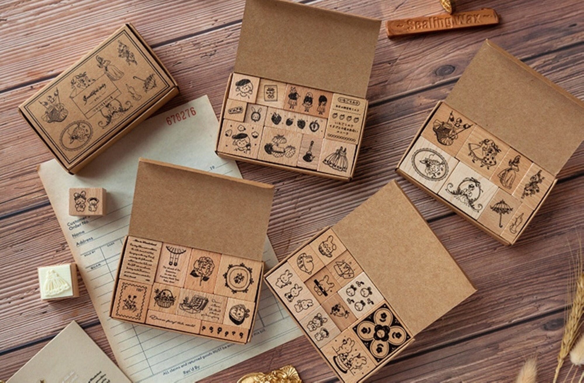 4 Styles Wooden Rubber Stamp Set Girls Bunny Bear Strawberry | Etsy