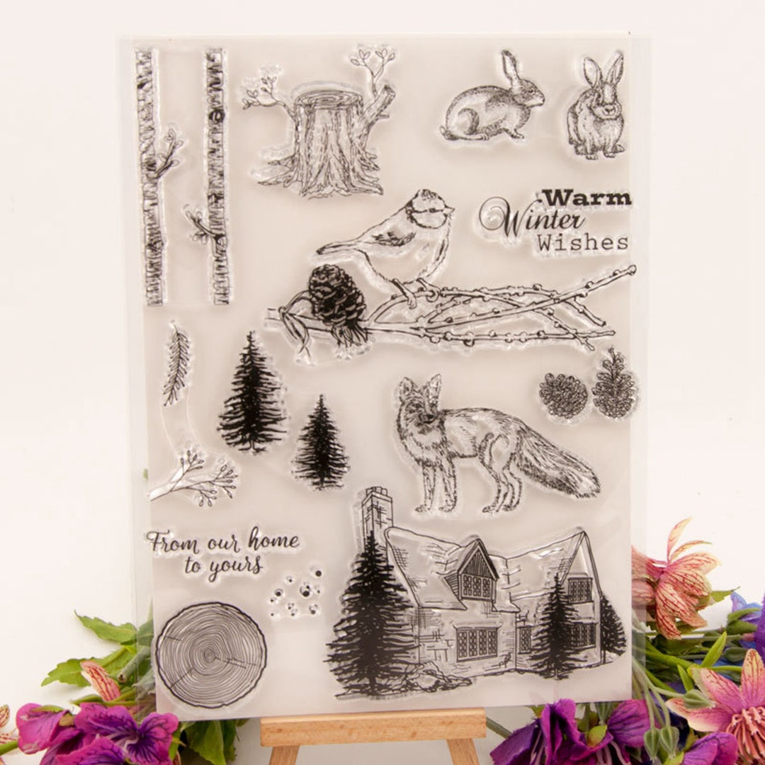 Winter Forest Stamps Set Rabbit Bird House Pine Wolf Scrapbooking ...
