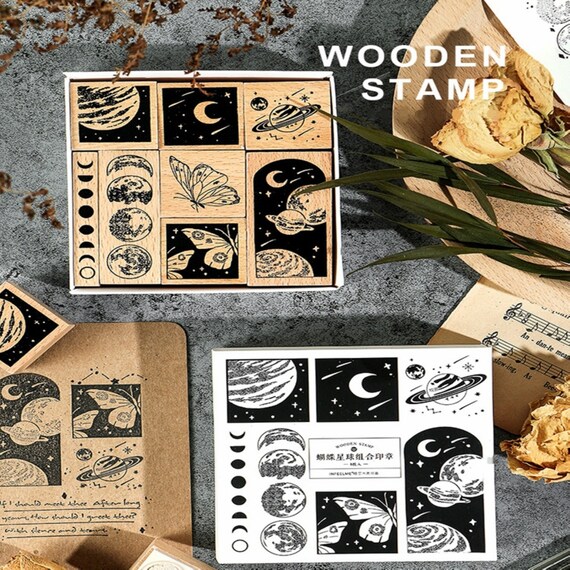 The Moon Star Butterfly Wooden Rubber Stamp Card - Etsy